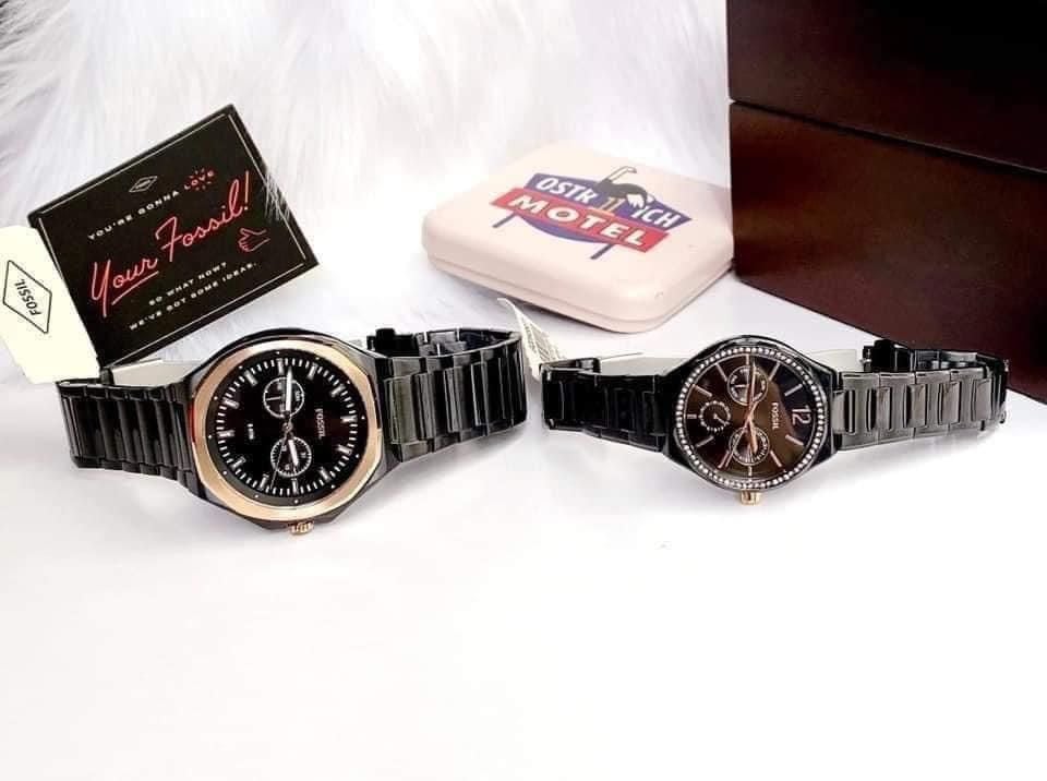 Fossil Quartz BQ2645SET His and Her Multifunction Black Stainless Stee ...