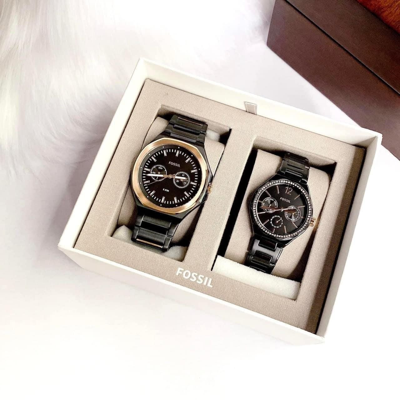 Fossil Quartz BQ2645SET His and Her Multifunction Black Stainless Stee ...