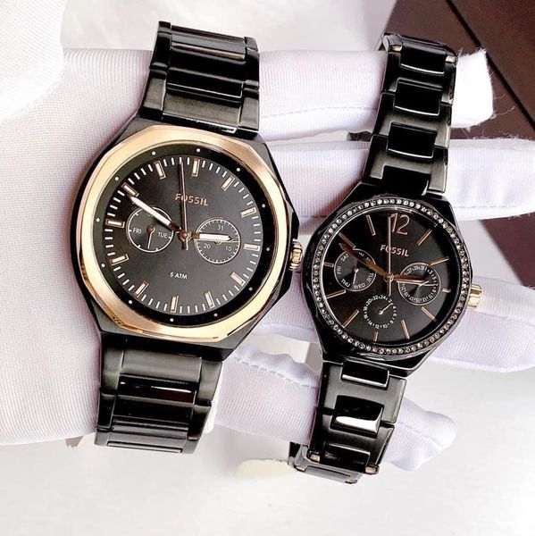 Fossil Quartz BQ2645SET His and Her Multifunction Black Stainless Stee ...