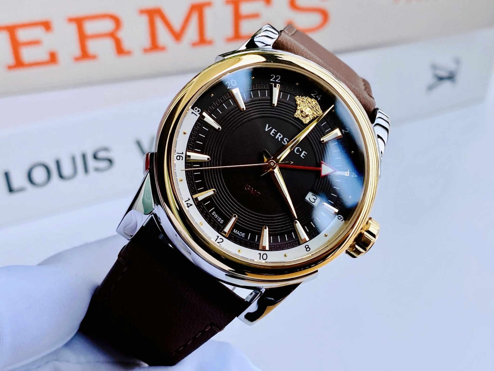 Versace Men's Swiss Gmt Vintage Brown Leather Strap Watch VEV300219 ...