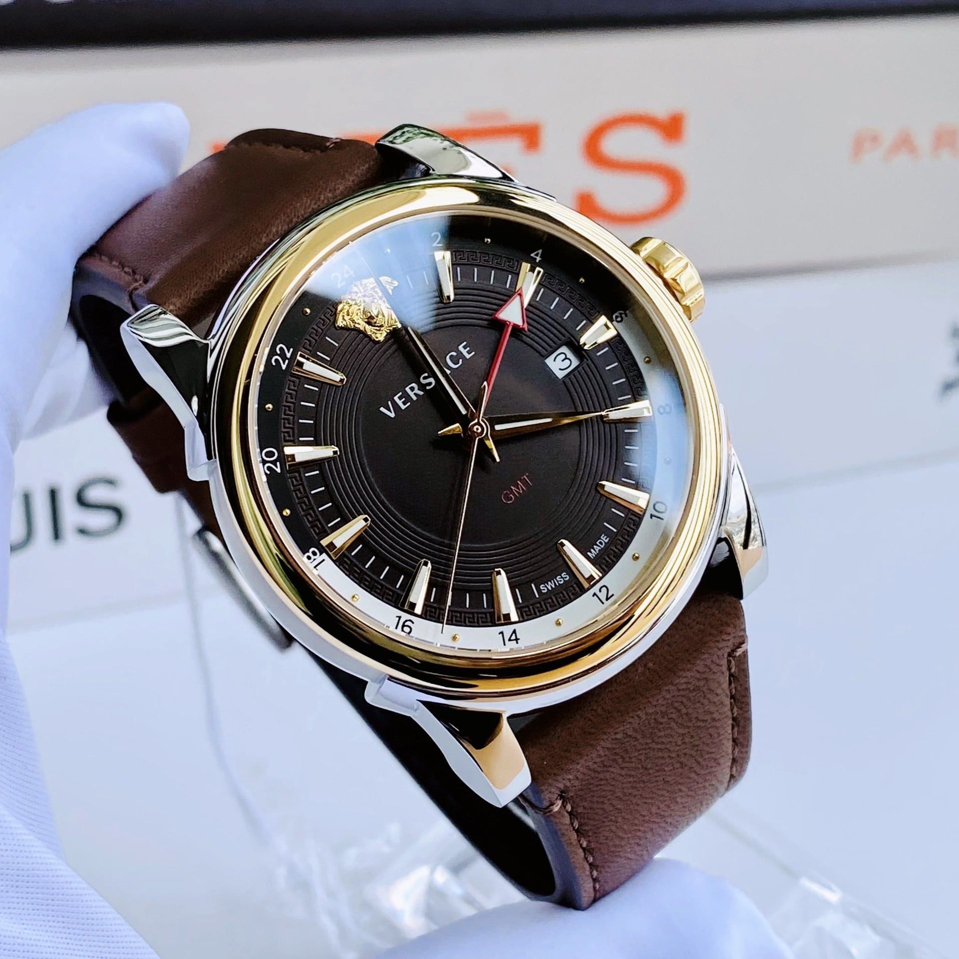 Versace Men's Swiss Gmt Vintage Brown Leather Strap Watch VEV300219 ...