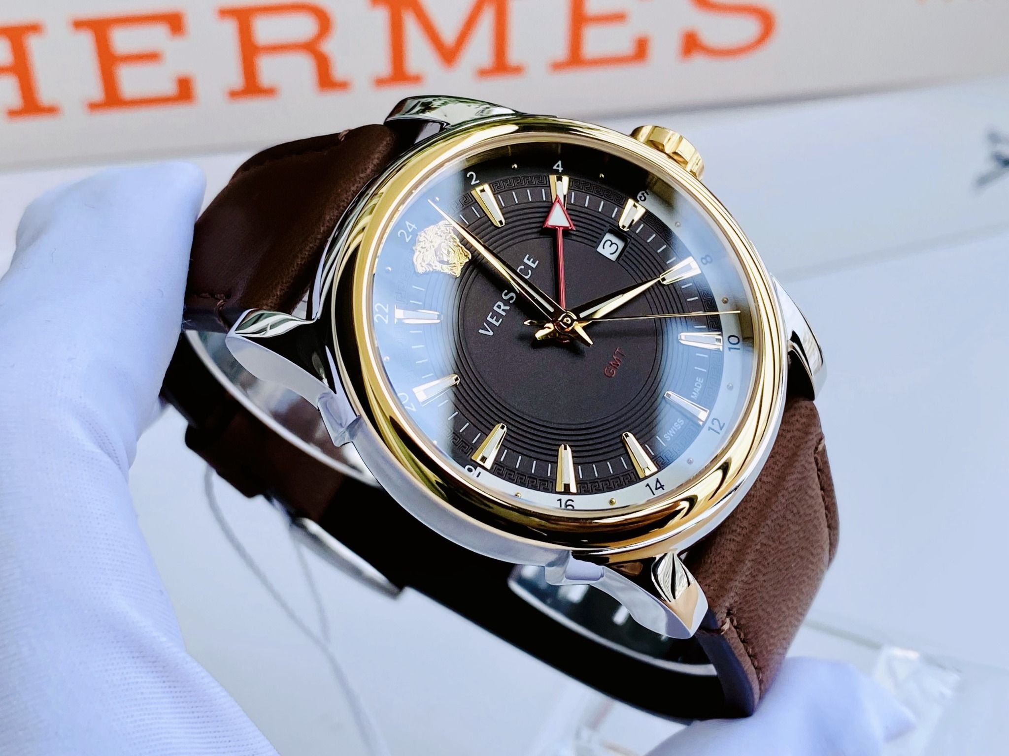 Versace Men's Swiss Gmt Vintage Brown Leather Strap Watch VEV300219 ...