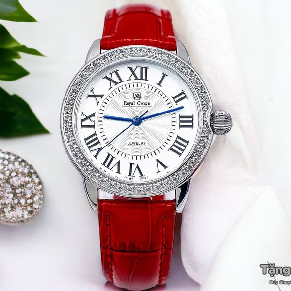 Royal Crown Quartz 4601 Dây Da Màu Đỏ Mặt Trắng Viền Đá - Đồng Hồ Nữ ...