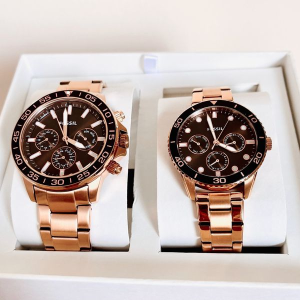 Fossil Quartz BQ2827SET His and Hers Multifunction Rose Gold-Tone Stai ...