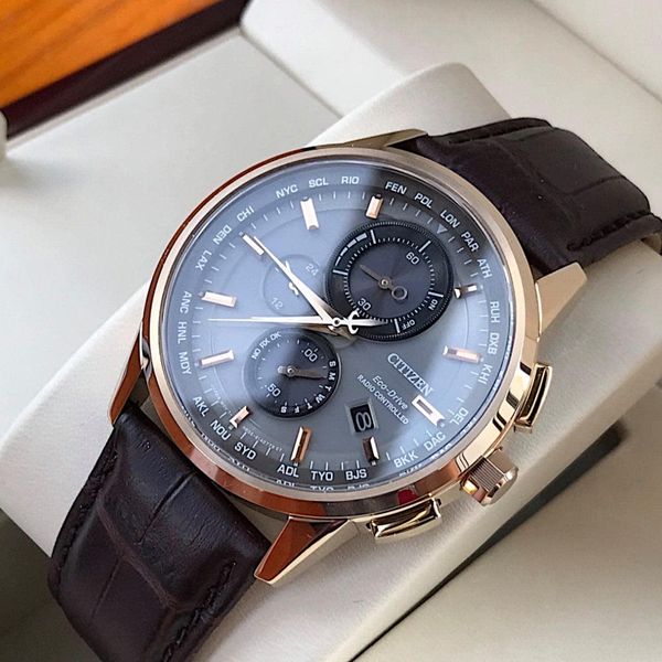 Citizen Eco-Drive AT8113-12H Radio Controlled Dây Da Nâu Vỏ Vàng Hồng ...