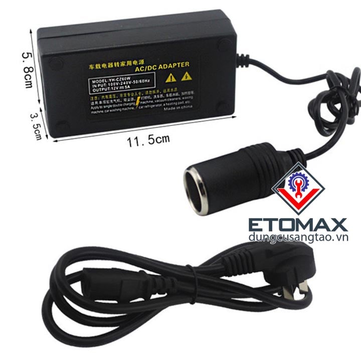 Bộ đổi Nguồn Từ 220v Sang 12v 5a 60w Cắm Tẩu ô Tô Dụng Cụ Sáng Tạo Etomax