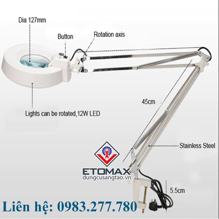 Kính lúp kẹp bàn có đèn LT-86A 10x – Dụng cụ sáng tạo ETOMAX