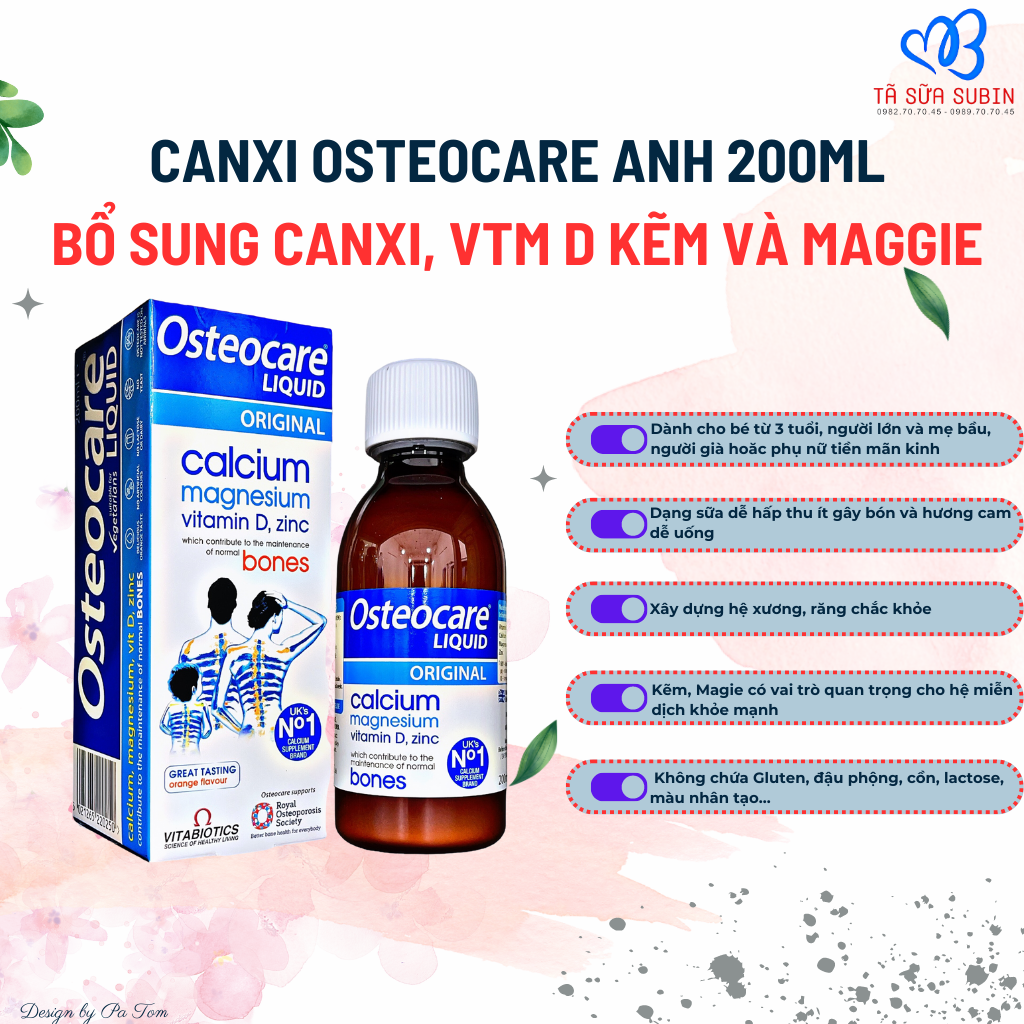 Canxi Osteocare Liquid Calcium magnesium vitamin d, zinc Anh 200m – Tã Sữa SuBin