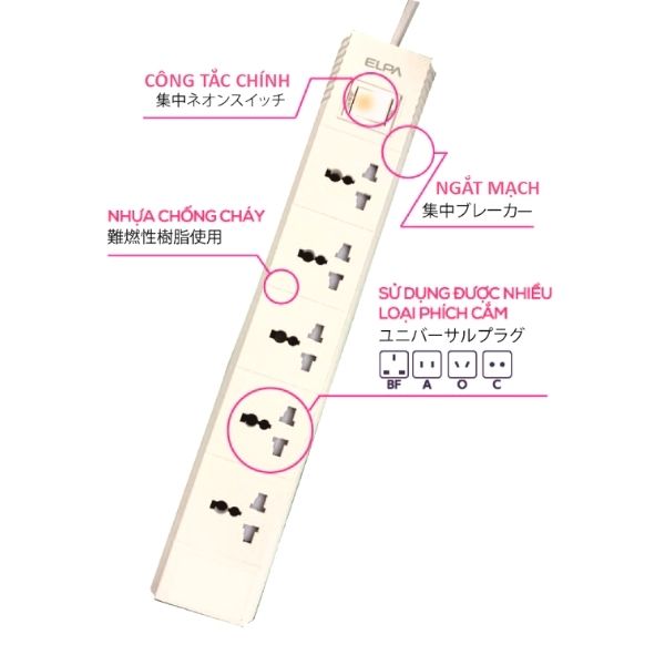 Ổ cắm điện ELPA ESL-VNC55 5m 5 ổ, 3 chấu, 1 công tắc giá rẻ – nShop - Game & Hobby