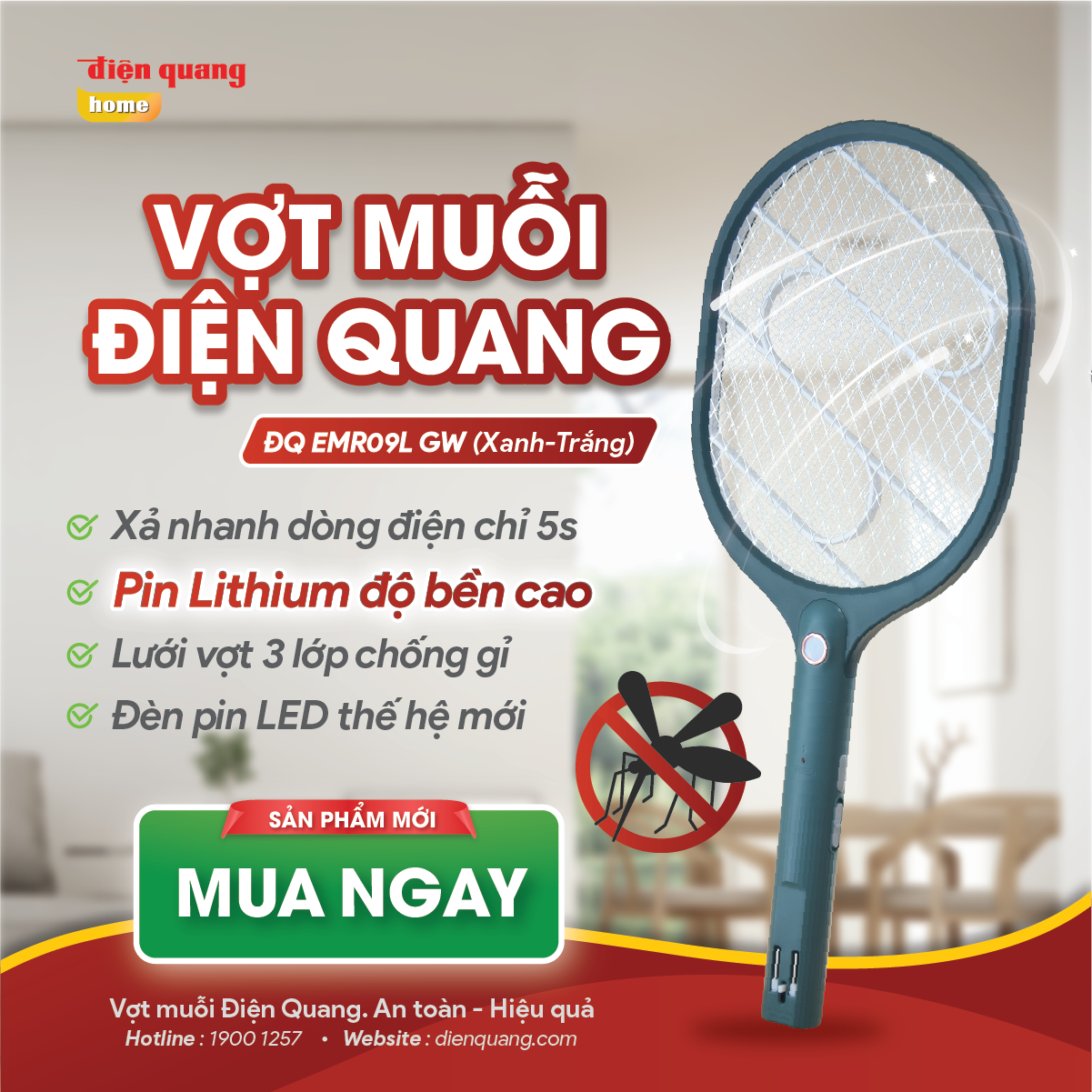 Vợt muỗi Điện Quang ĐQ EMR09 GW (PinLithium, Xanh – Trắng) – Điện Quang ...