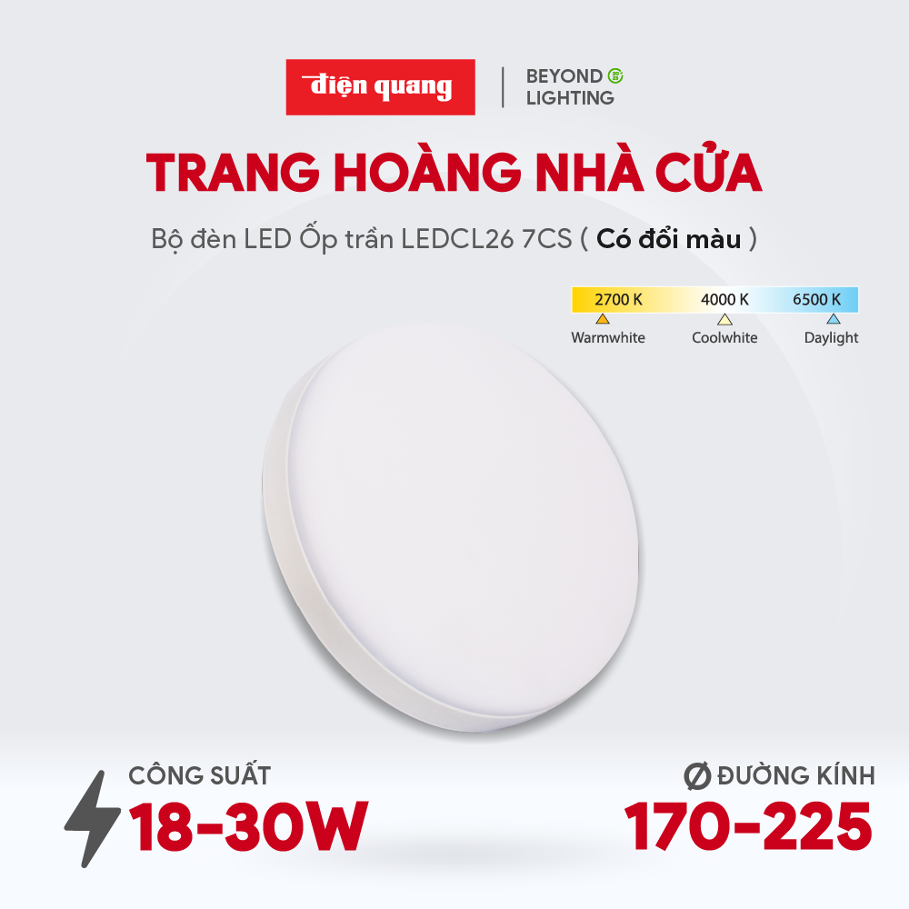 Bộ đèn LED ốp trần tròn Điện Quang ĐQ LEDCL26 7CS (đổi màu, tràn viền ...