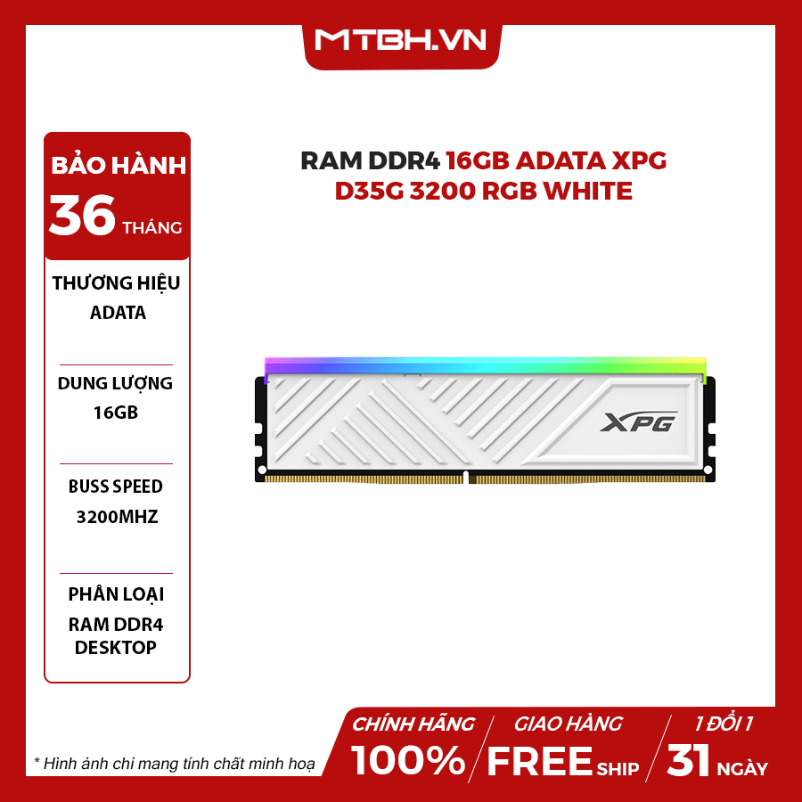 RAM DDR4 16GB ADATA XPG D35G 3200 RGB WHITE – Máy Tính Biên Hòa