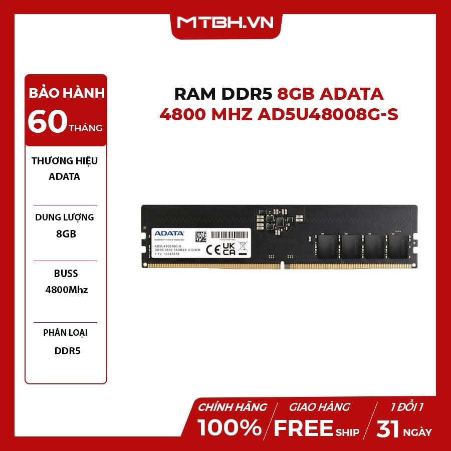 RAM DDR5 8GB ADATA 4800 Mhz AD5U48008G-S – Máy Tính Biên Hòa