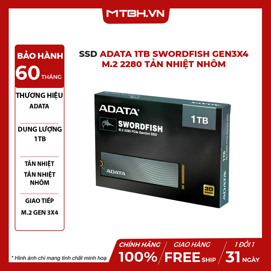 SSD ADATA 1TB SWORDFISH Gen3x4 M.2 2280 Tản Nhiệt Nhôm – Máy Tính Biên Hòa