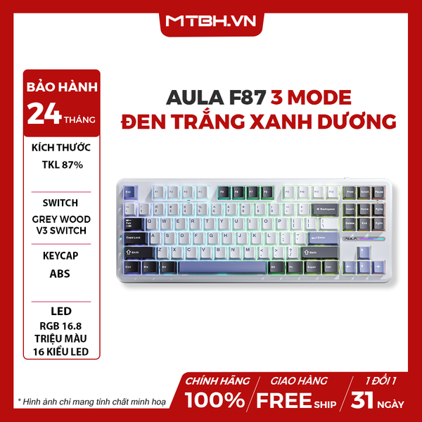 BÀN PHÍM CƠ AULA F87 3 MODE ĐEN TRẮNG XANH DƯƠNG (TYPEC + 2.4G + BLUET ...