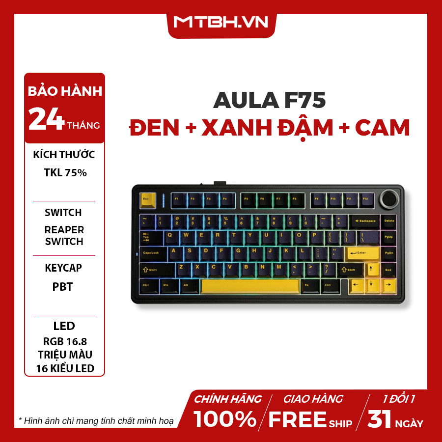 BÀN PHÍM CƠ AULA F75 ĐEN + XANH ĐẬM + CAM (KẾT NỐI TYPEC + 2.4G + BLUE ...