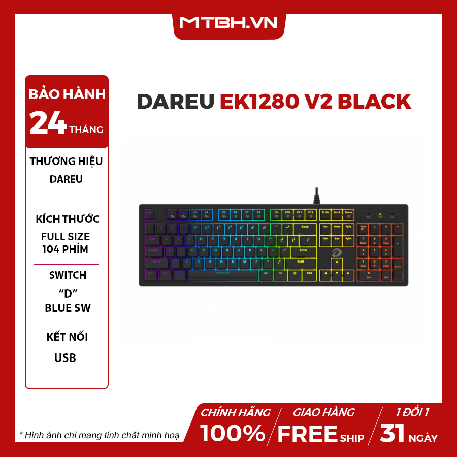 Bàn Phím Cơ DAREU EK1280 V2 Black Blue Switch – Máy Tính Biên Hòa