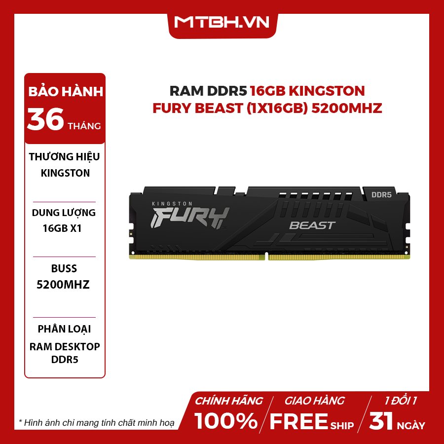 RAM DDR5 16GB KINGSTON FURY BEAST (1x16GB) 5200MHz – Máy Tính Biên Hòa