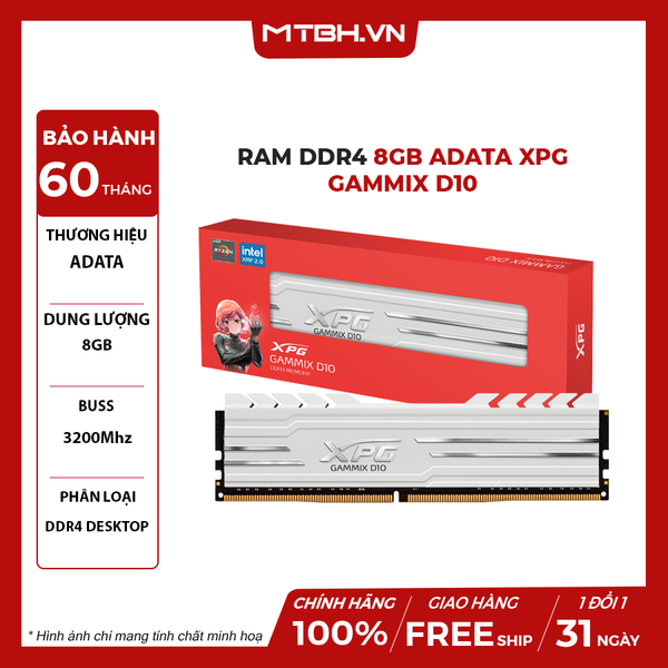 RAM DDR4 8GB ADATA XPG GAMMIX D10 BUSS 3200 TẢN NHIỆT NHÔM WHITE – Máy ...