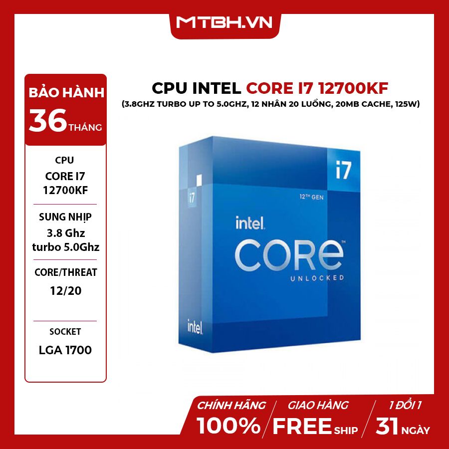 CPU Intel Core i7 12700KF (3.8GHz turbo up to 5.0Ghz, 12 nhân 20 luồng ...