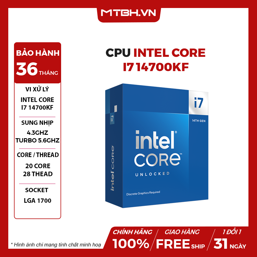CPU Intel Core I7 14700KF (Raptor Lake Refresh, LGA 1700) BOX CTY GEN – Máy Tính Biên Hòa