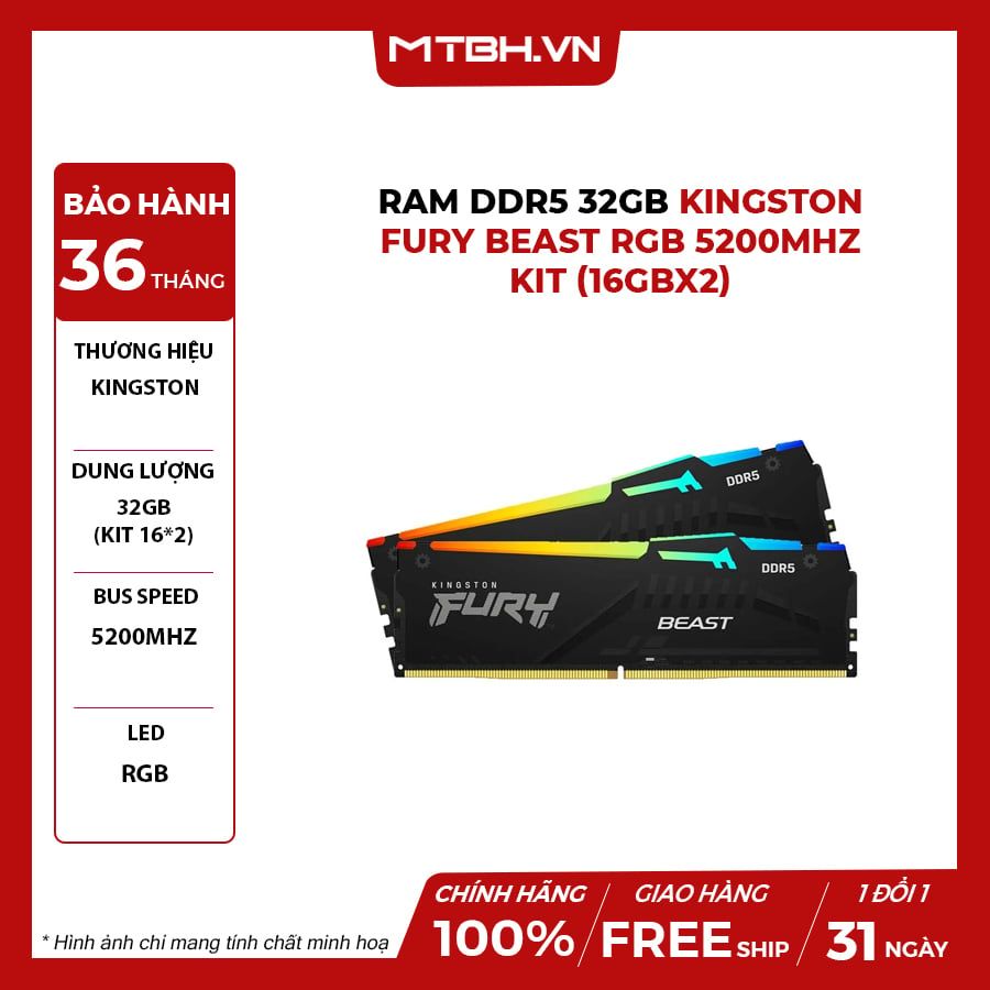 RAM DDR5 32GB Kingston Fury Beast RGB 5200mHZ KIT (16GBX2) – Máy Tính Biên Hòa
