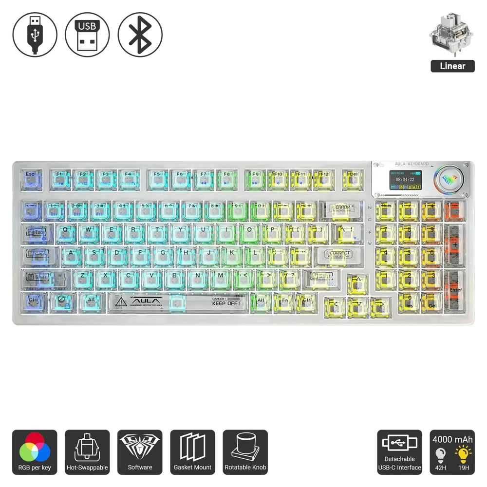 Bàn Phím Cơ AULA F98 PRO LED RGB 3 Modes,Màn Hình Phụ, Núm Xoay, Hotsw ...