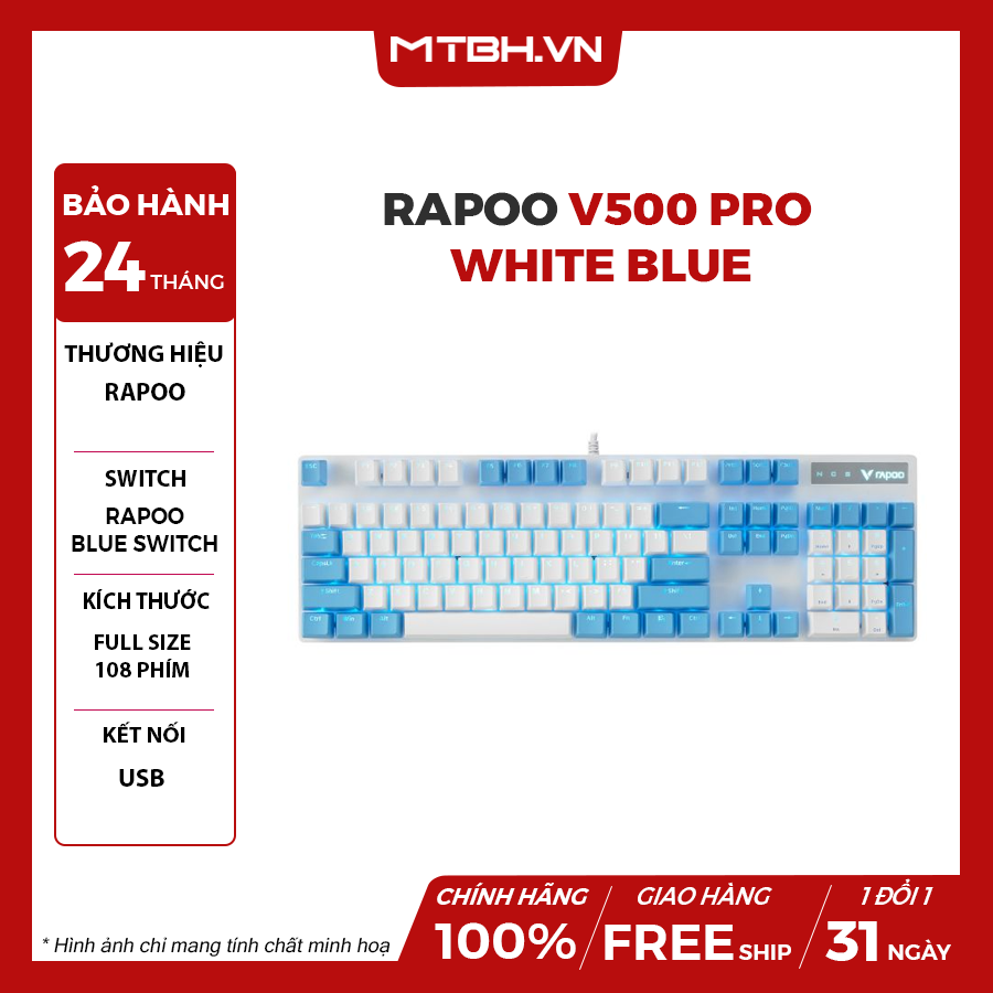 BÀN PHÍM CƠ RAPOO V500 PRO WHITE BLUE BLUE SWITCH – Máy Tính Biên Hòa