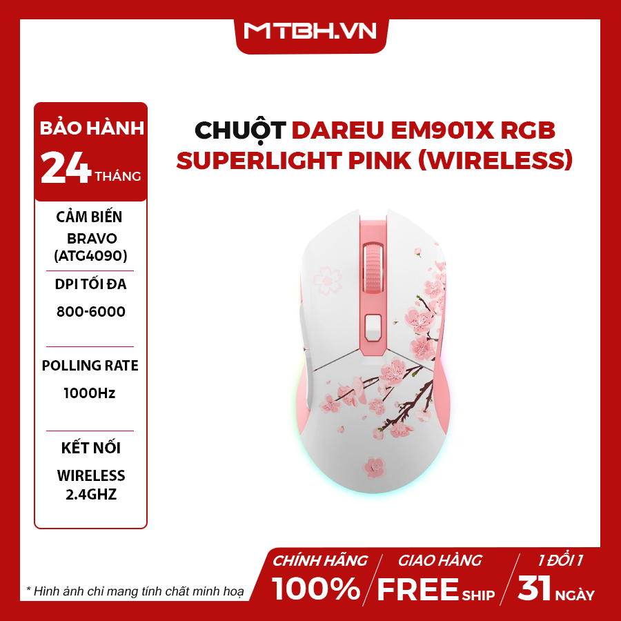 CHUỘT DAREU EM901X RGB Superlight Pink (Wireless) – Máy Tính Biên Hòa