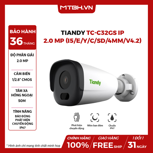 Camera TIANDY TC-C32GS IP Hồng Ngoại 2.0 Megapixel (I5/E/Y/C/SD/4mm/V4 ...