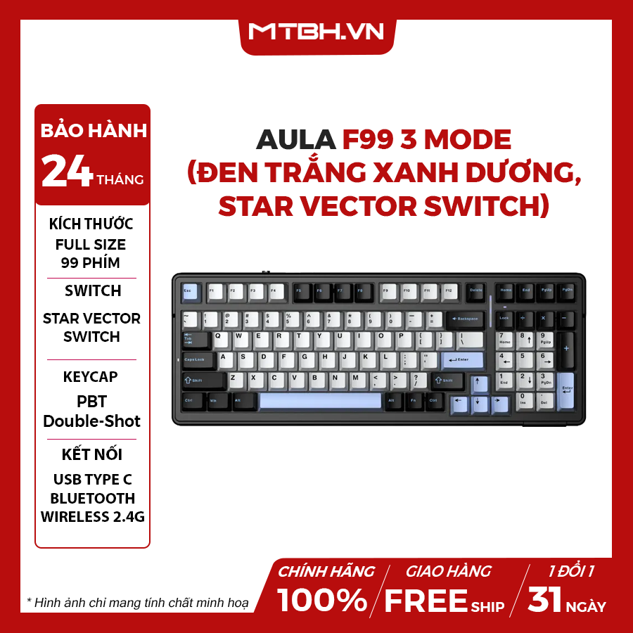 BÀN PHÍM CƠ AULA F99 3 MODE (ĐEN TRẮNG XANH DƯƠNG, STAR VECTOR SWITCH) – Máy Tính Biên Hòa