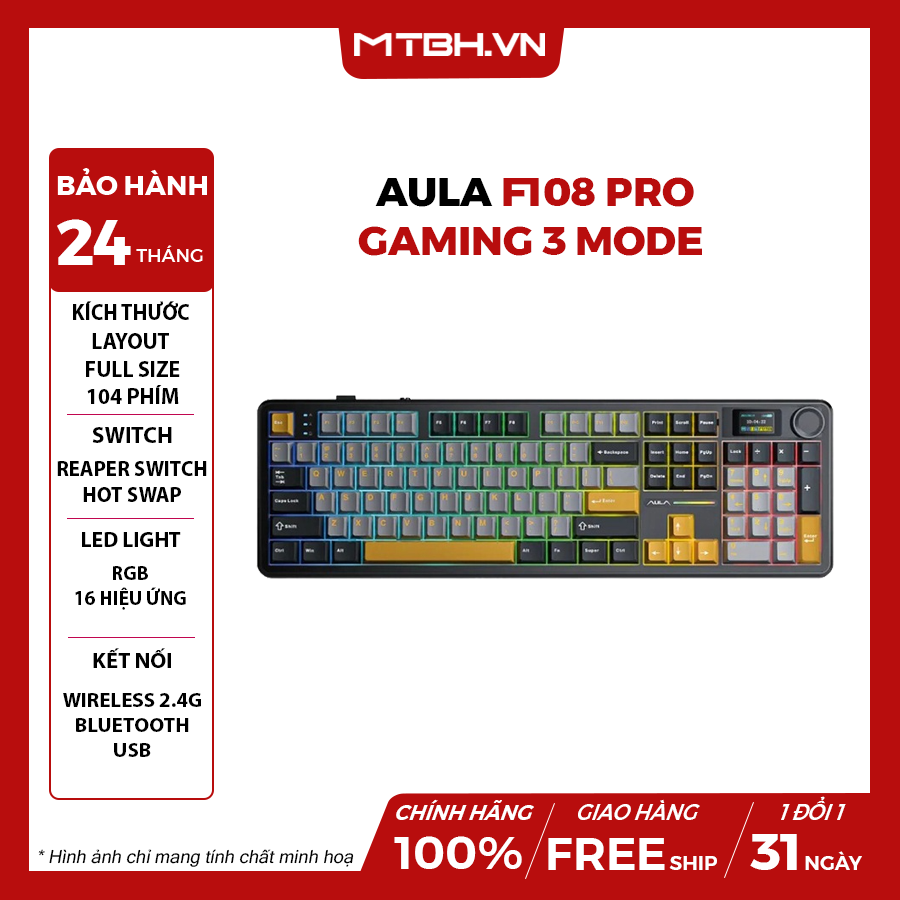 BÀN PHÍM CƠ AULA F108 PRO GAMING 3 MODE ( Đen + xám + vàng/ Reaper swi ...