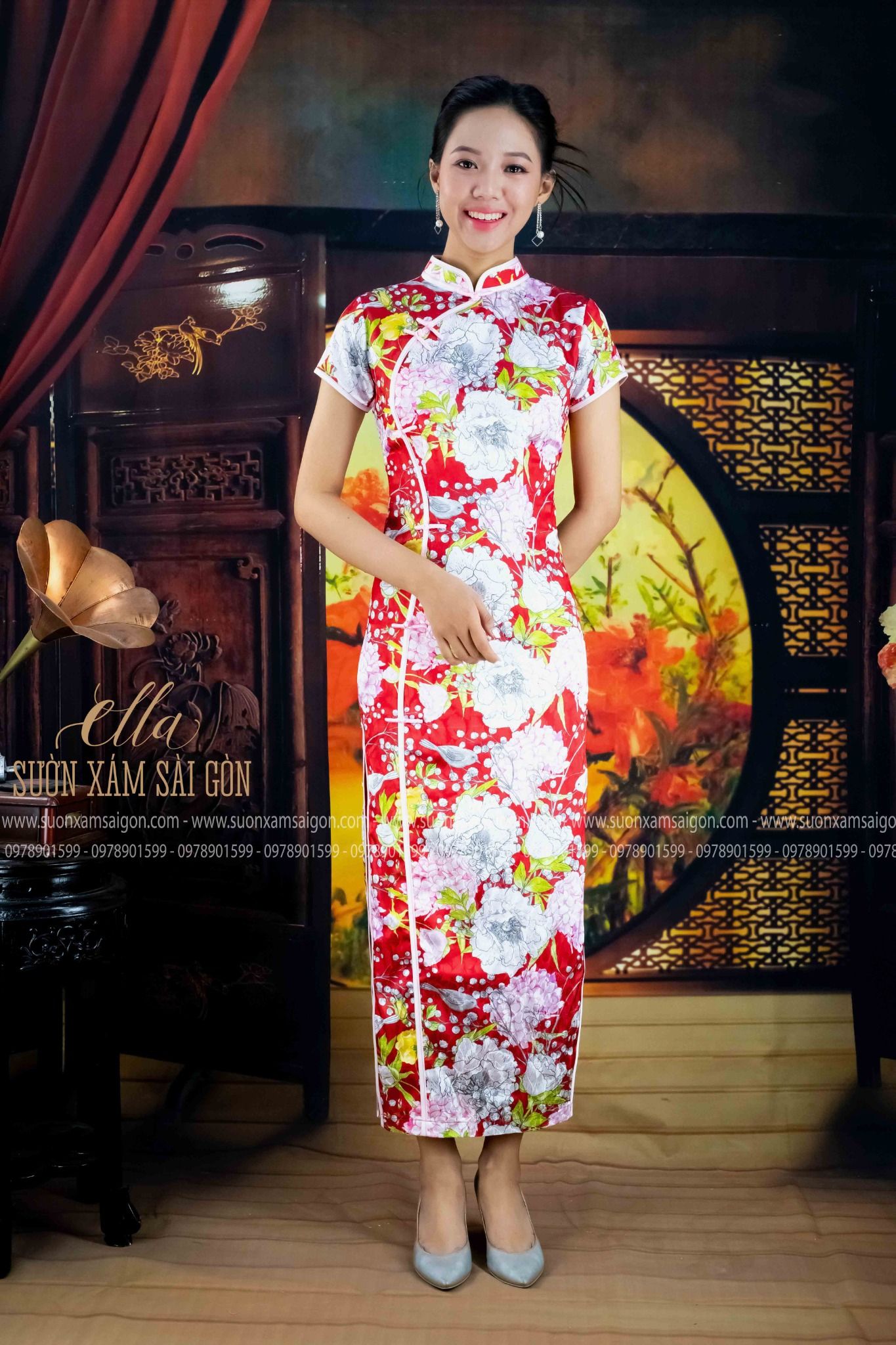Sườn Xám Gấm Lá Hoa Tú Cầu – Sườn Xám-Jin Classic Style