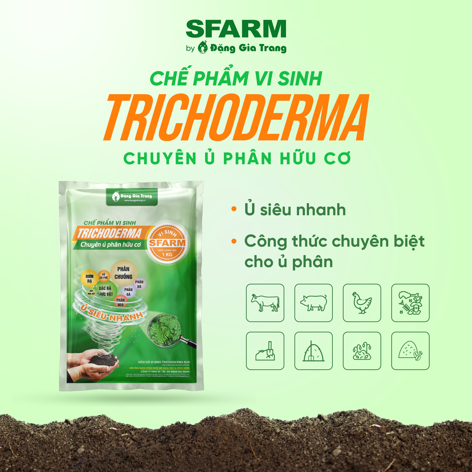 Chế phẩm vi sinh Trichoderma SFARM (1kg) – Chuyên ủ phân hữu cơ
