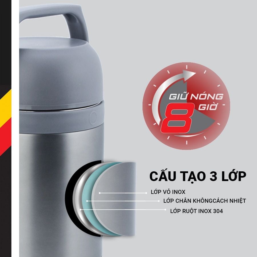 Bình đựng thức ăn giữ nhiệt 3 ngăn Inox 304 Kalpen KP-368 1800ml – A2ZMART