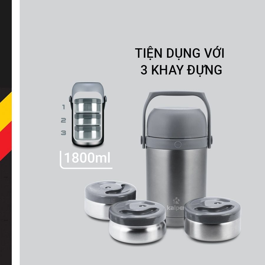 Bình đựng thức ăn giữ nhiệt 3 ngăn Inox 304 Kalpen KP-368 1800ml – A2ZMART