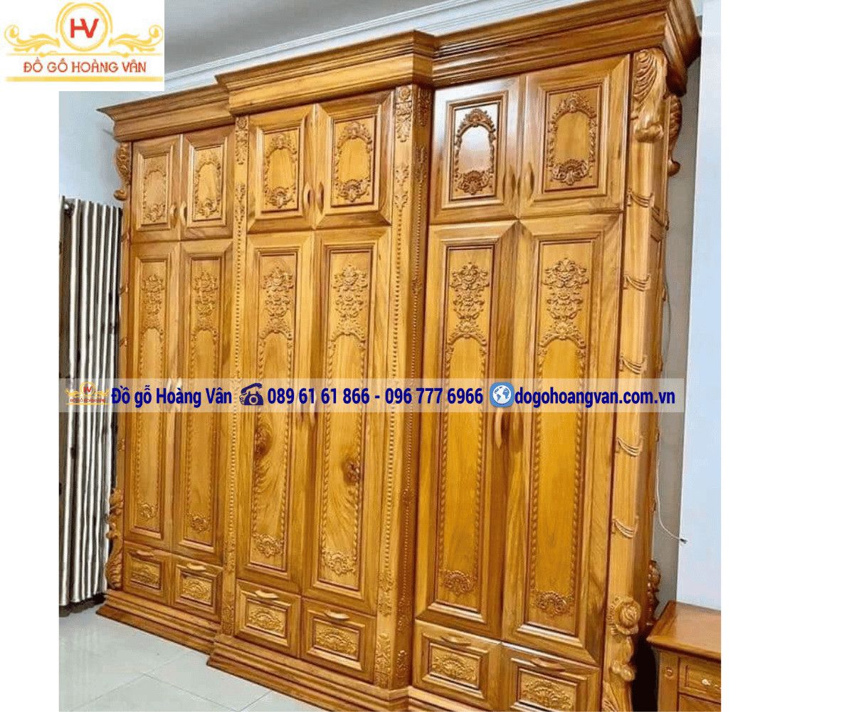 Tủ quần áo 6 cánh to âm tường, tủ áo 2 tầng thiết kệ đẹp TA123 – Đồ gỗ Hoàng Vân