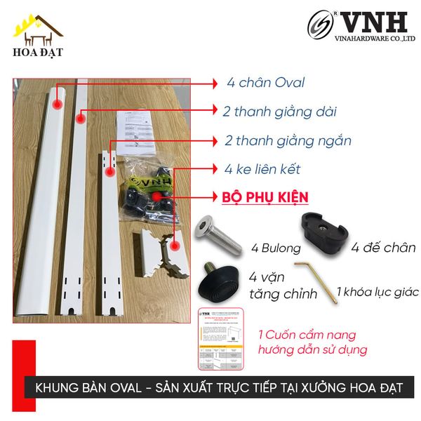 Khung bàn tháo ráp oval Vinahardware, chân bàn oval sơn đen/ sơn trắng