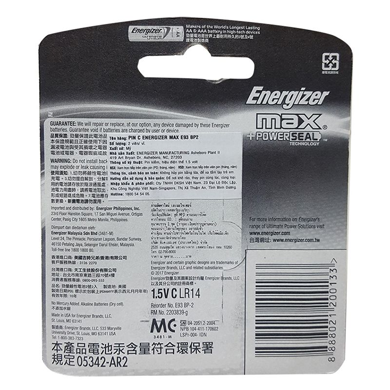 Pin chữ C Energizer Max E93 BP2 2 viên – Chuỗi Tạp Hóa Việt - Chuyên Sỉ ...