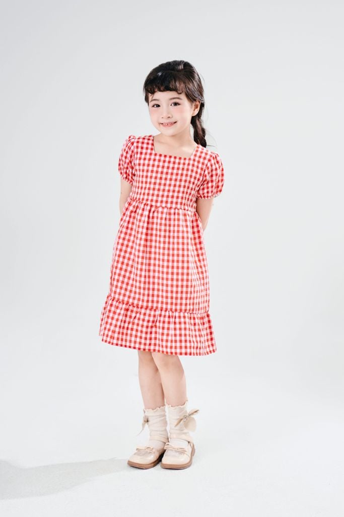 Đầm Váy Thô Ngắn Tay Caro Xinh Xắn Cho Bé Gái Rabity 950.045