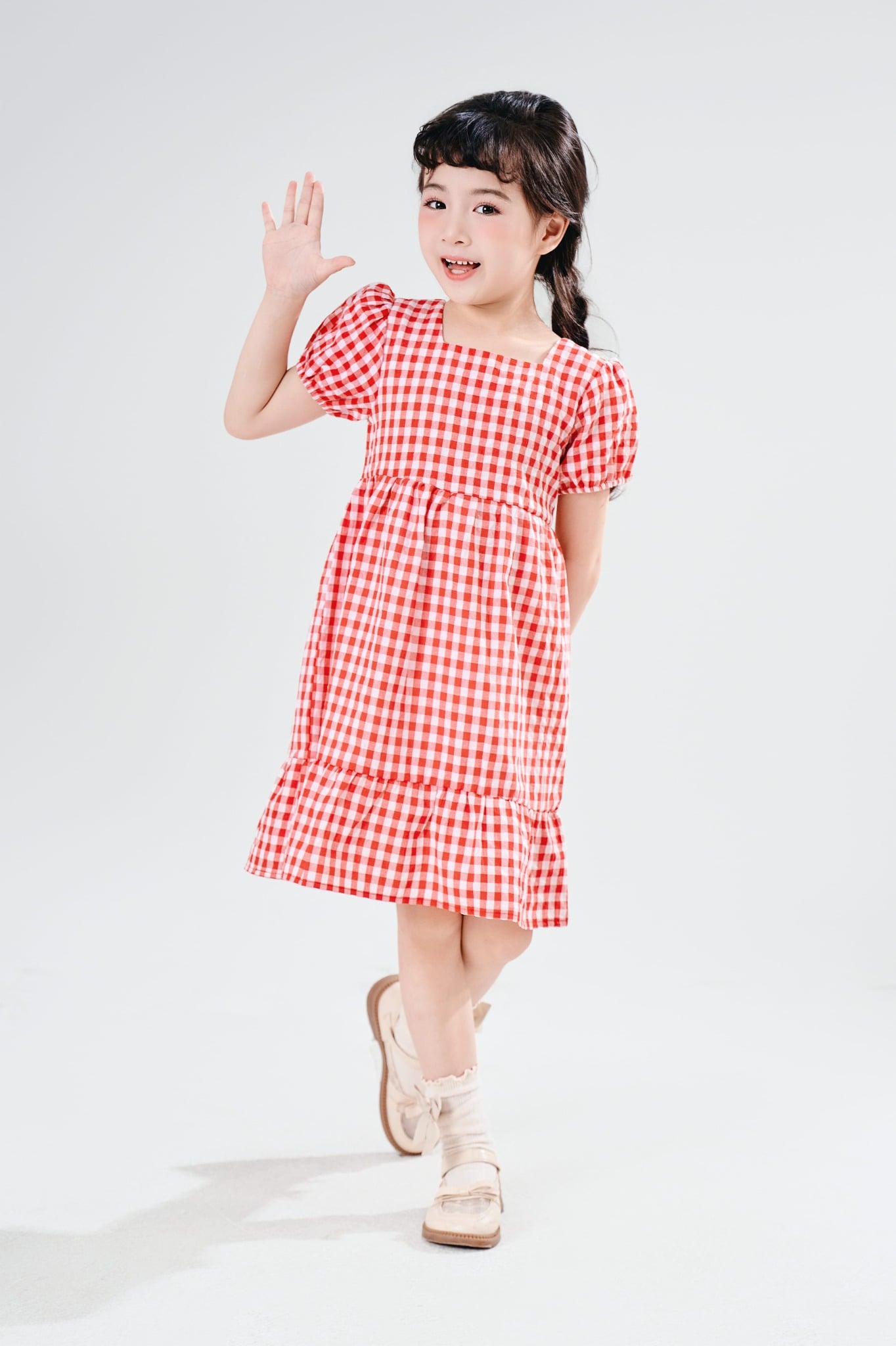 Đầm Váy Thô Ngắn Tay Caro Xinh Xắn Cho Bé Gái Rabity 950.045