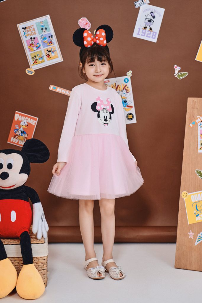 Đầm Váy Nỉ Dài Tay Chuột Minnie Phối Voan Cho Bé Gái Rabity 551.003