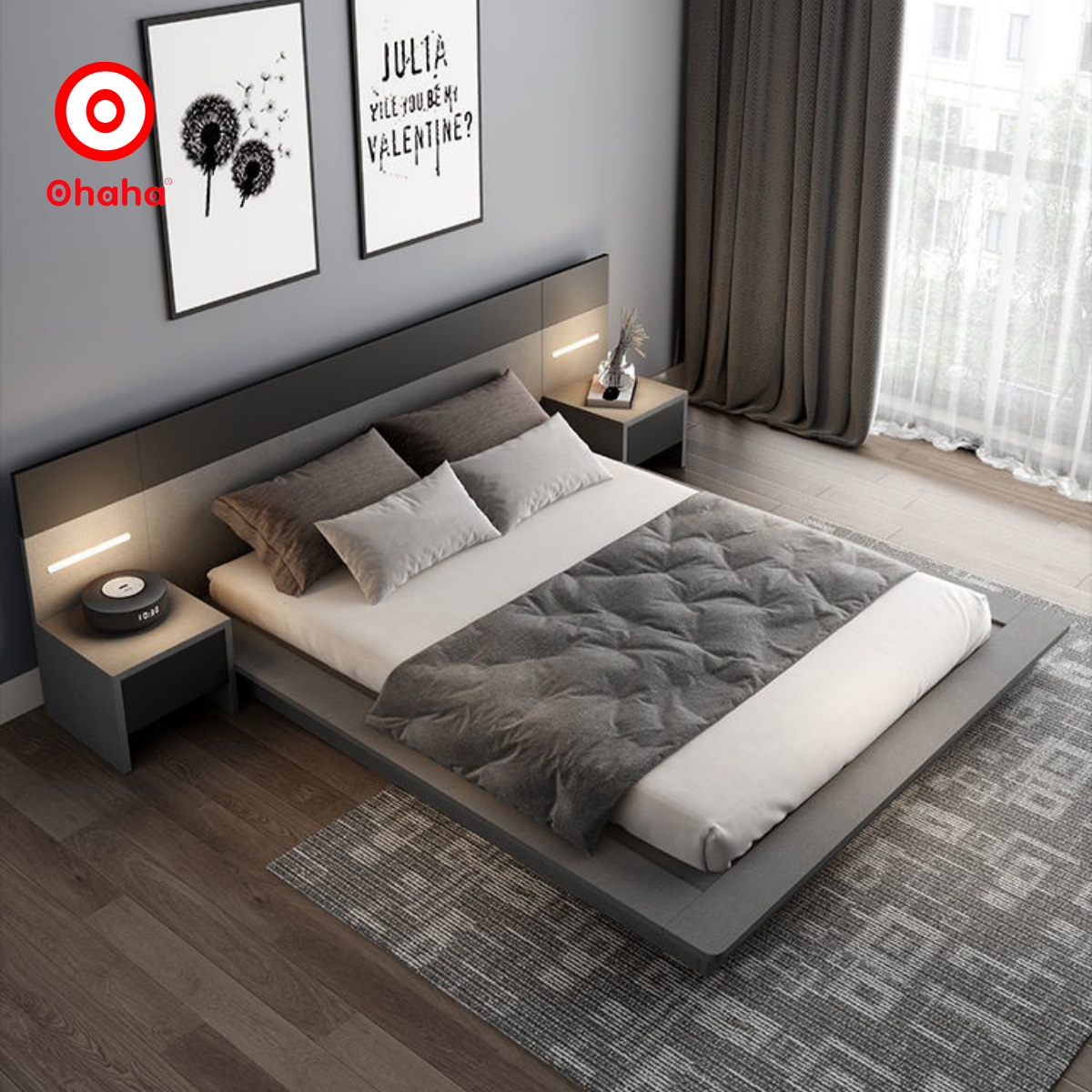 Giường ngủ bệt kiểu Nhật kèm tủ đầu giường và đèn LED - GB001 – Ohaha