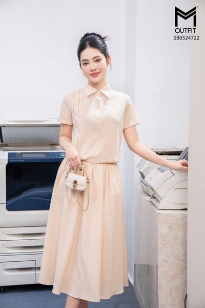 Sét bộ áo cổ bẻ bo chun cài cúc và chân váy xòe – MM Outfit