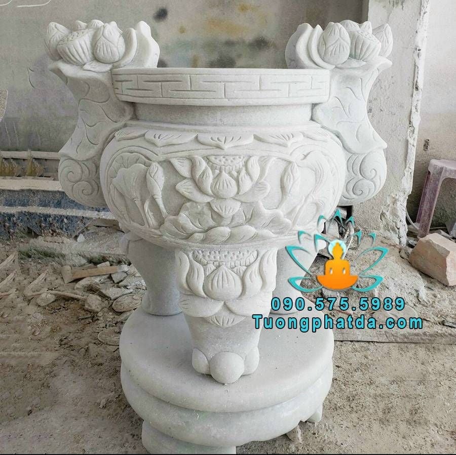 Lư Hương Hoa Sen Bằng Đá Nguyên Khối Đẹp – Tượng Phật Đá Song Toàn