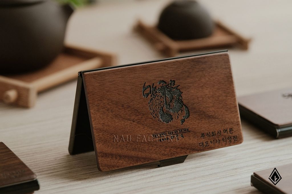 Hộp name card gỗ Walnut | Khắc logo và nội dung chữ Hàn – NAU FACTORY