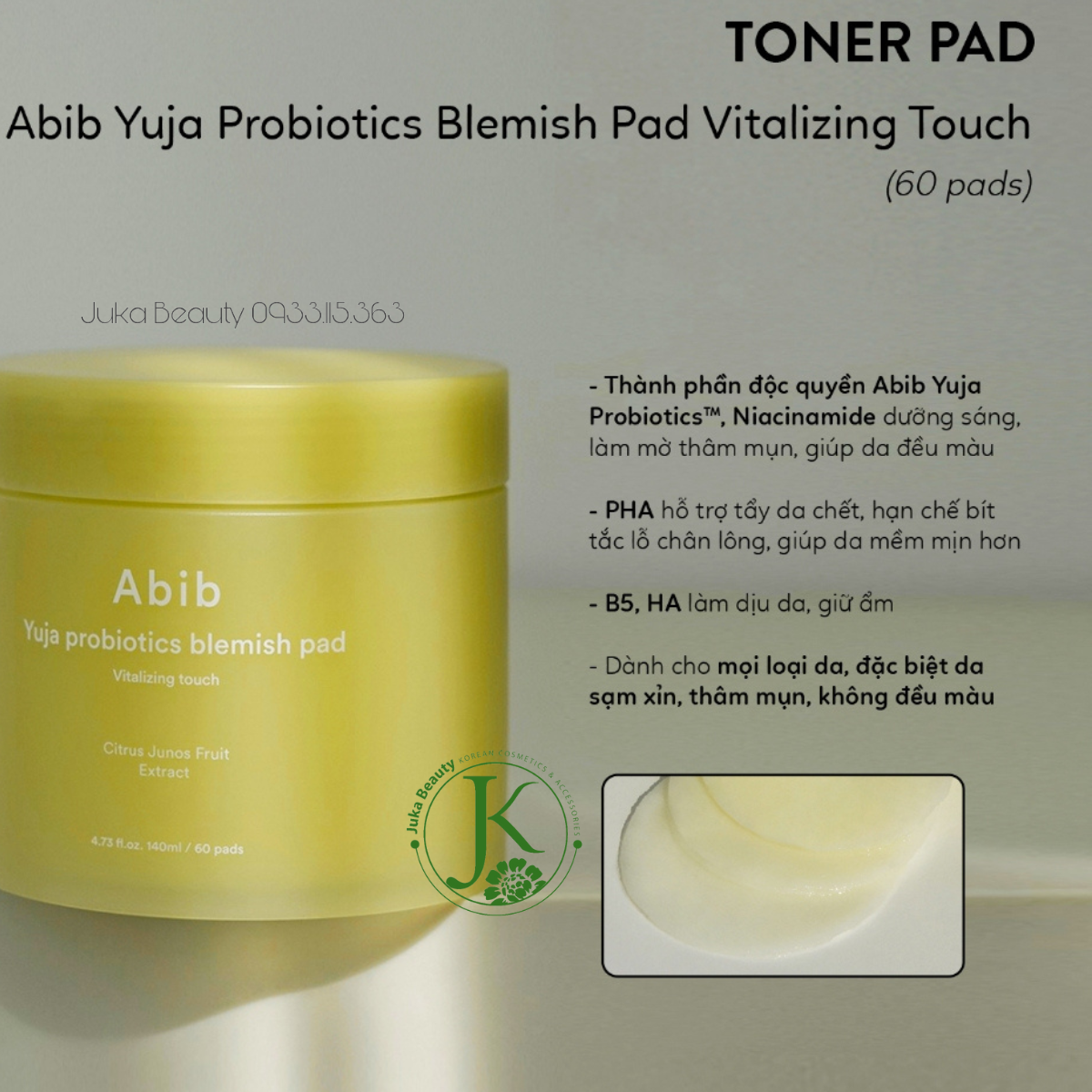 Miếng Bông Dưỡng Sáng Da Abib Yuja Probiotics Blemish Pad 140ml (60 Mi – Juka Beauty