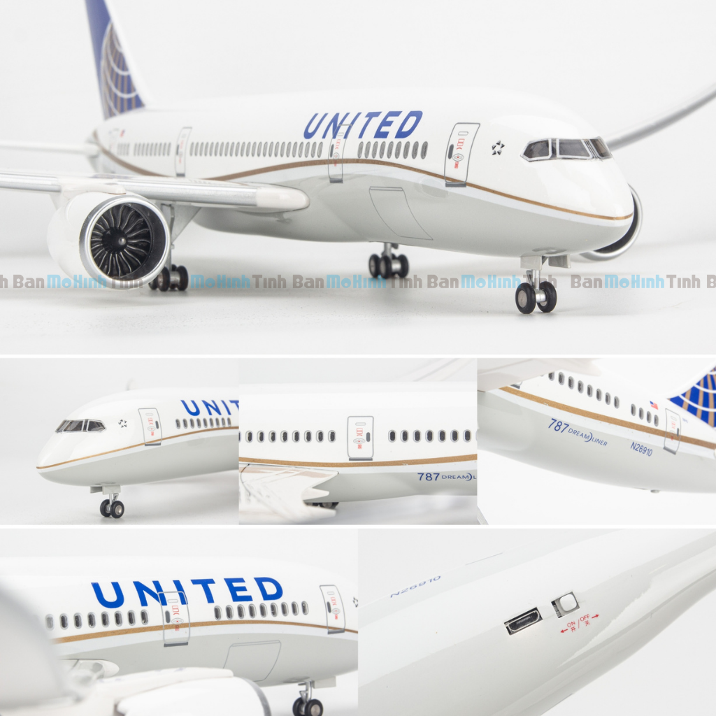 Mô hình máy bay United Airlines Boeing47cm lắp ráp có đèn Everfly – banmohinhtinh.com