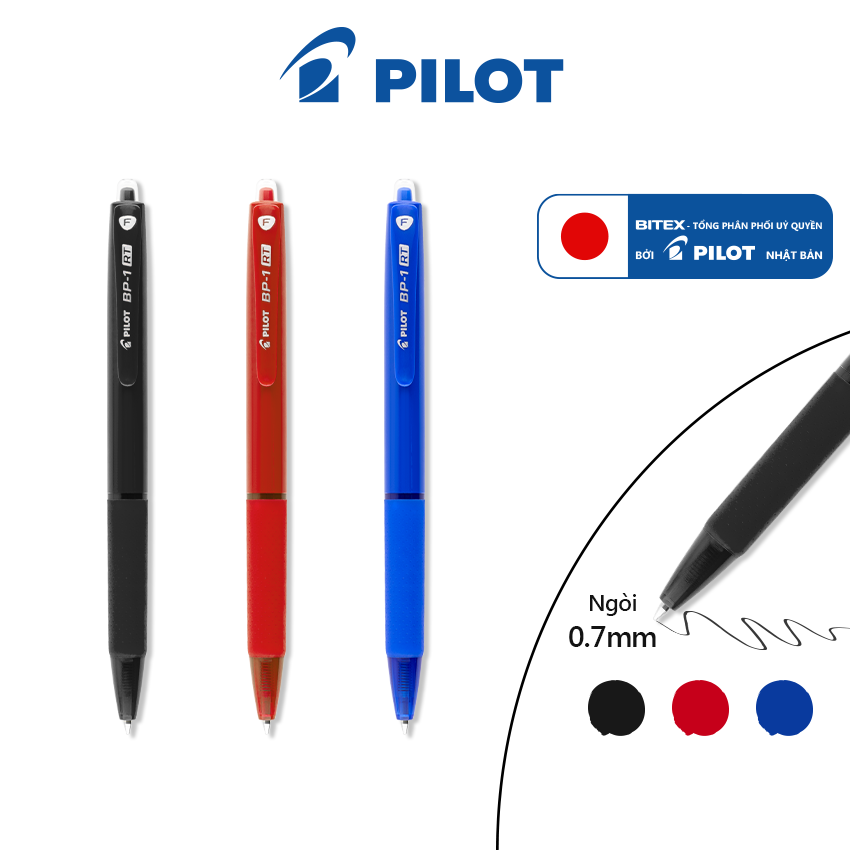 Bút bi PILOT BP-1RT ngòi 0.7mm xanh/ đỏ/ đen (1 cây)Bút bi PILOT BP-1RT ...