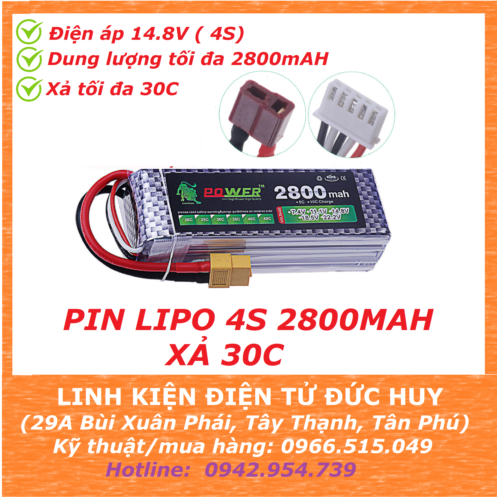 PIN LIPO 4S 14.8V 2800maH – LINH KIỆN ĐIỆN TỬ ĐỨC HUY (29A BÙI XUÂN PHÁI)
